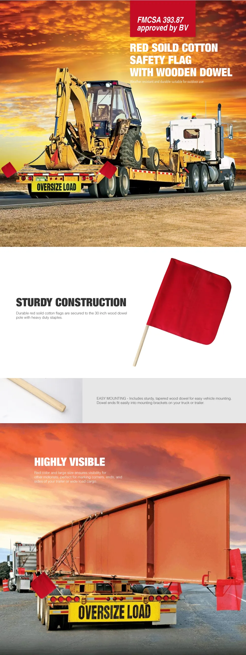 FMCSA 393.87 approved 18 x 18 Inches Red Soild Cotton Safety Flag With ...