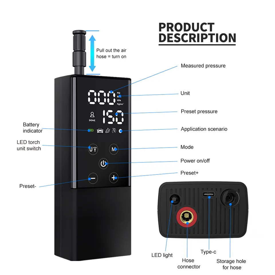 Wireless Cordless Rechargeable Digital Display Tyre Compressor Tire ...