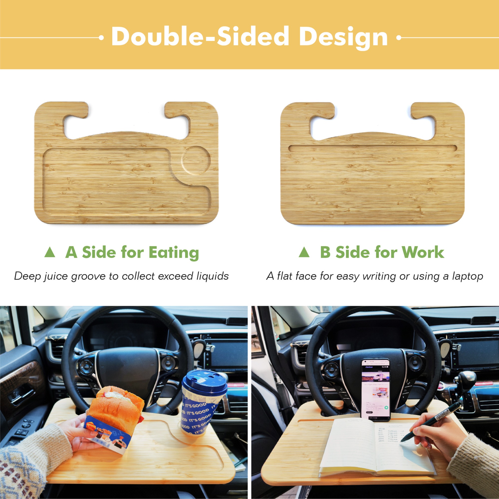 Bamboo Double-Sided Steering Wheel Tray Steering Wheel Desk for Laptop ...