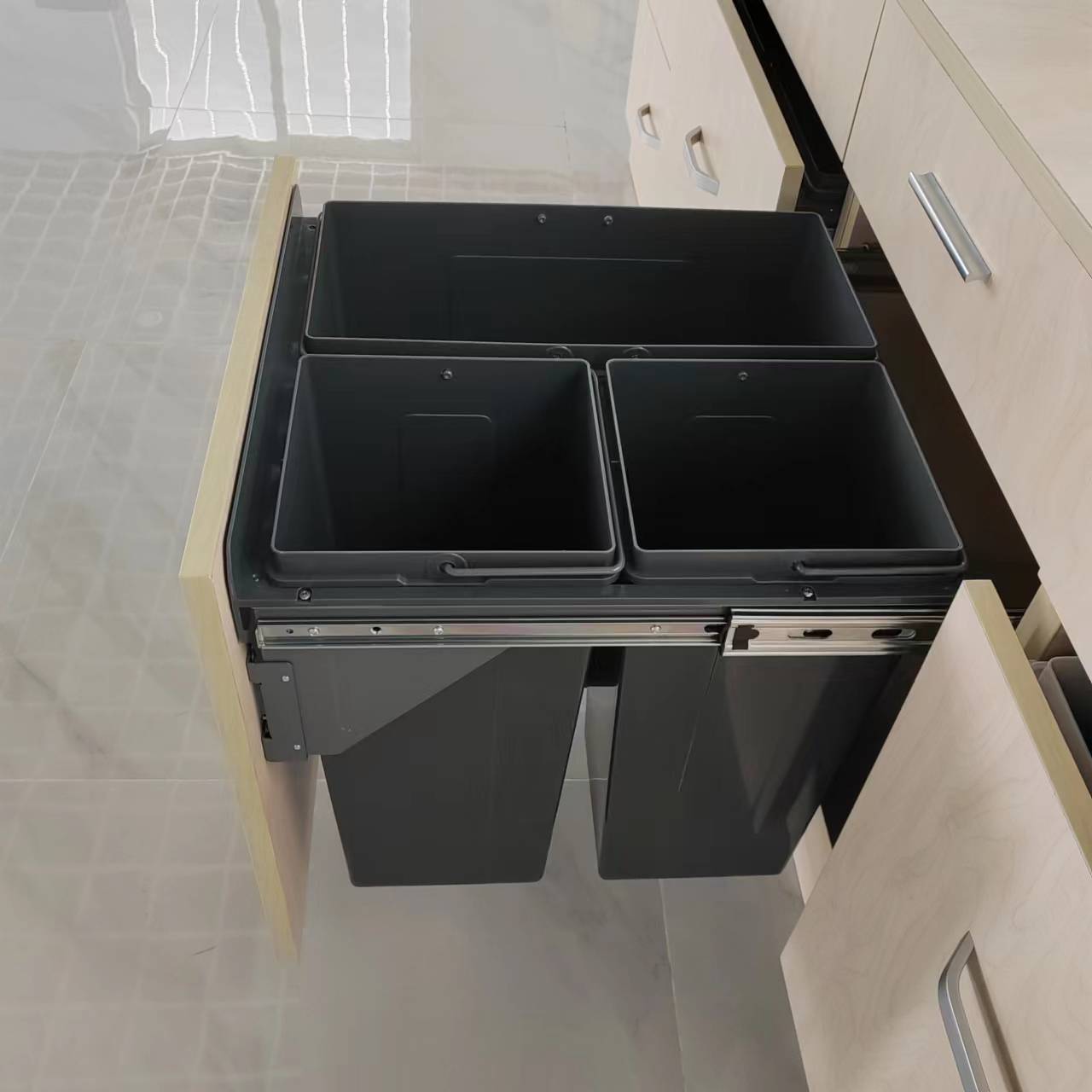 3 compartment 68L intergrated bin for 500mm JC648N,Side mounted waste bin