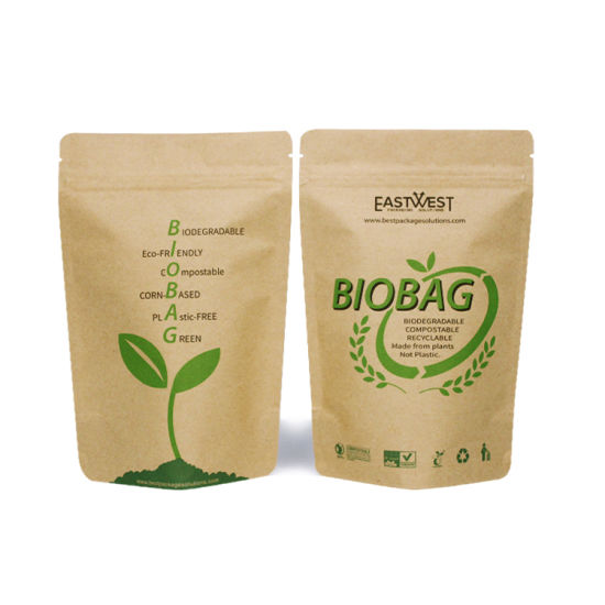 100% Compostable Stand Up Pouches PLA Kraft Zipper Bag