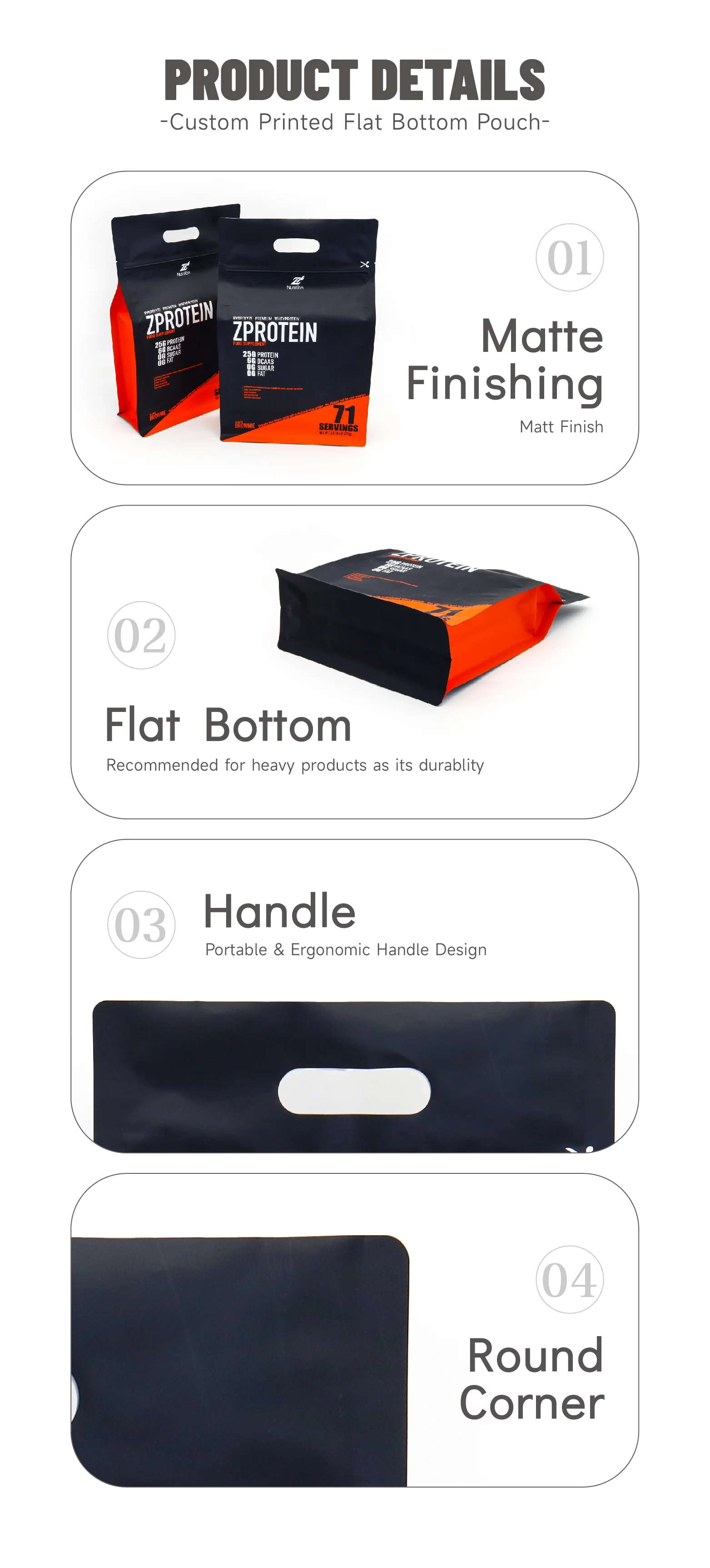 Custom 5lb Protein Pouch Packaging Flat Bottom Bag Wholesale