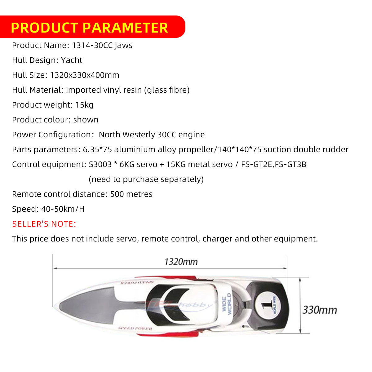 JAWS Gasoline Ship 1.3m15.5KG 30CC Engine Hull Model Fiber Glass Remote ...