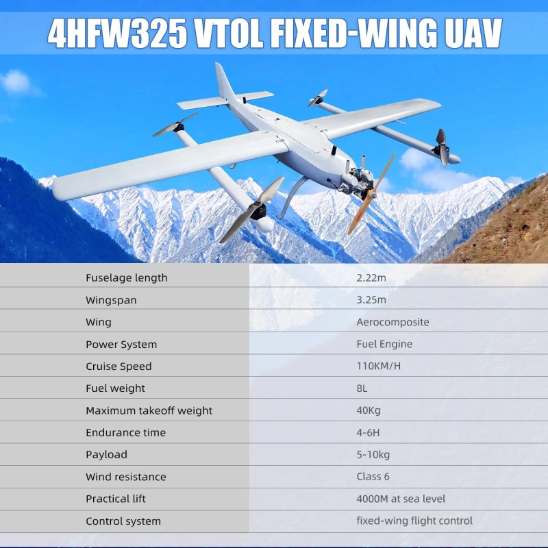 Fixed Wing UAV 3.25M Wingspan 10KG Payload 6 Hours Flight Time Heavy Lift Cargo Drone VTOL Fix ...