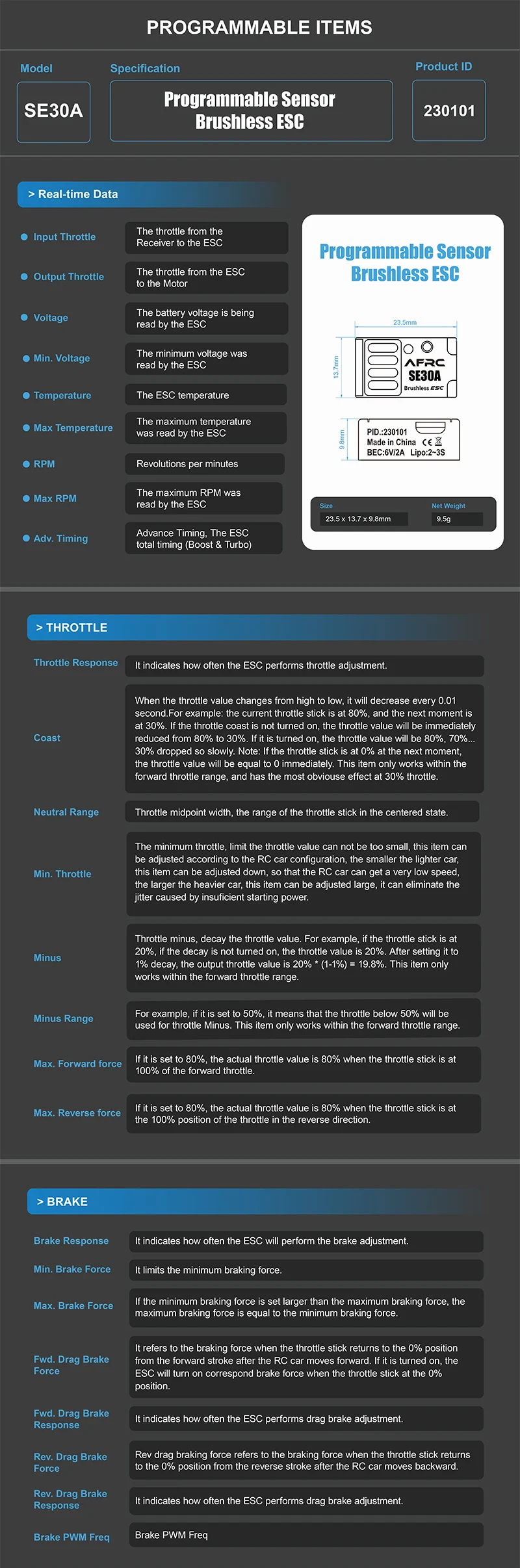 AFRC-SE30A Programmable Sensor Brushless ESC,ESC/MOTORS