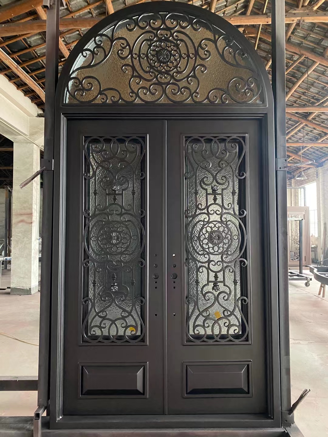 double wrought iron front door with Arc transom in black color,wrought ...