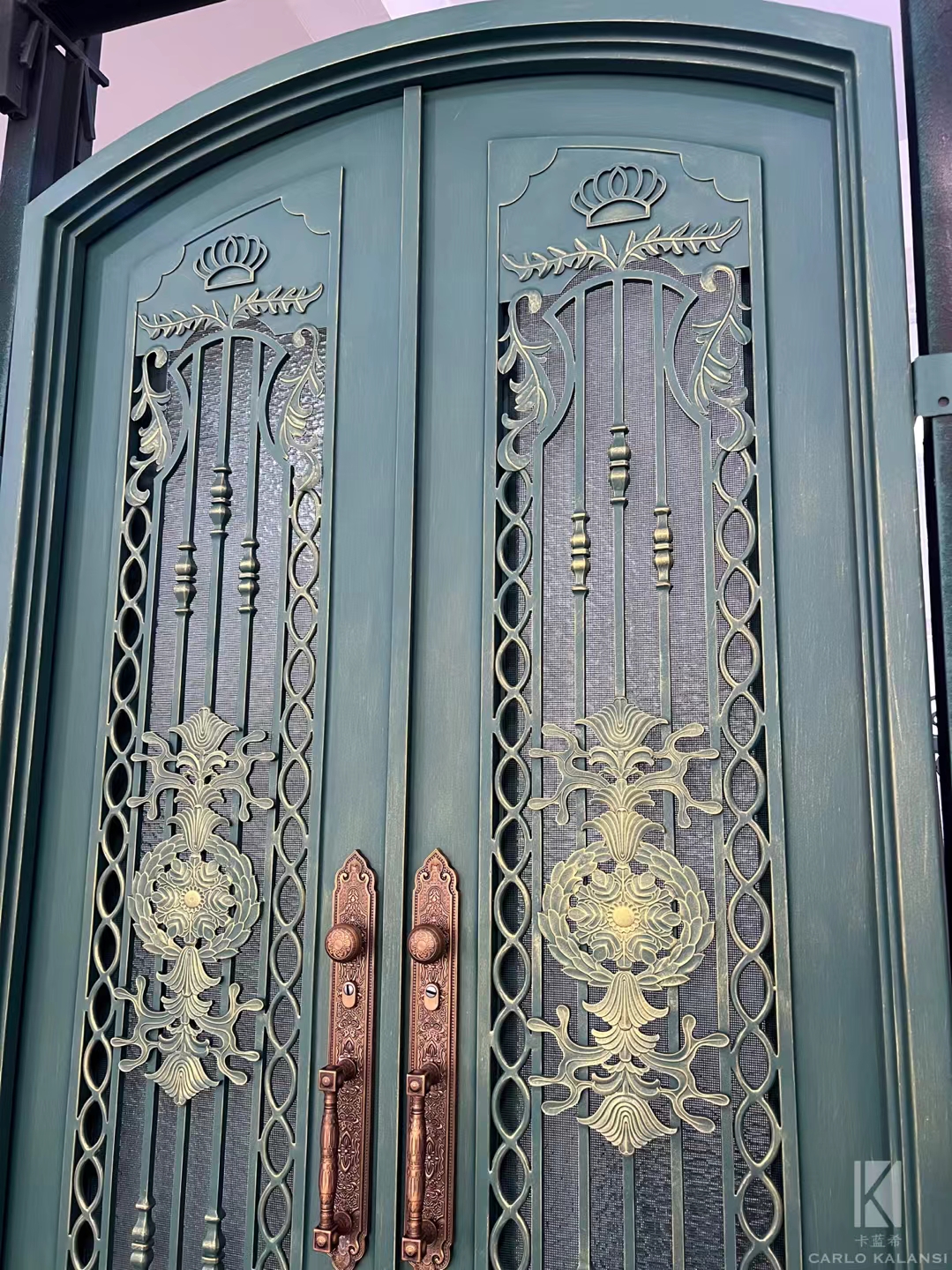 double wrought iron front door in green color,wrought iron door