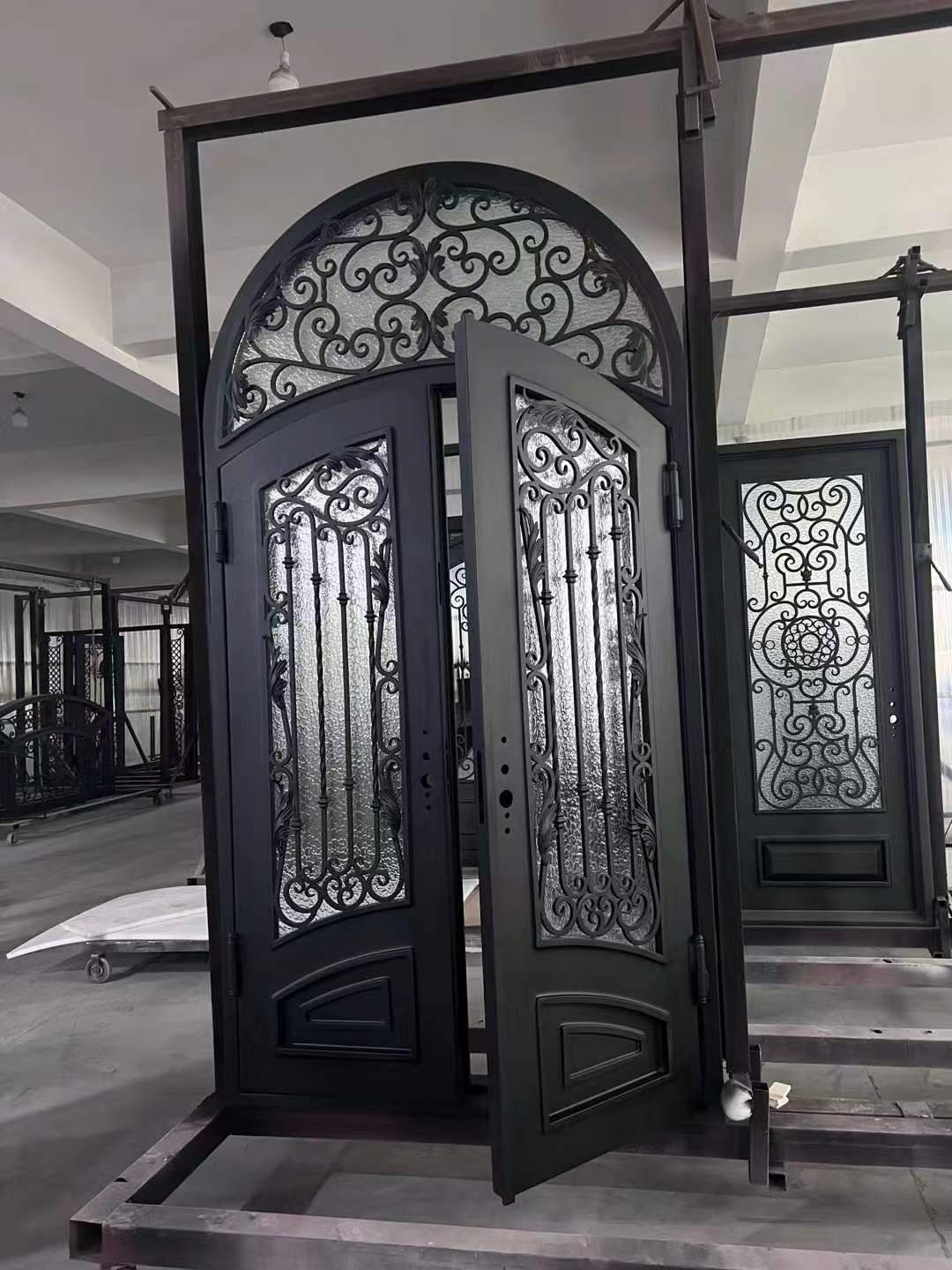 double wrought iron front door with Arc transom in black color,wrought ...
