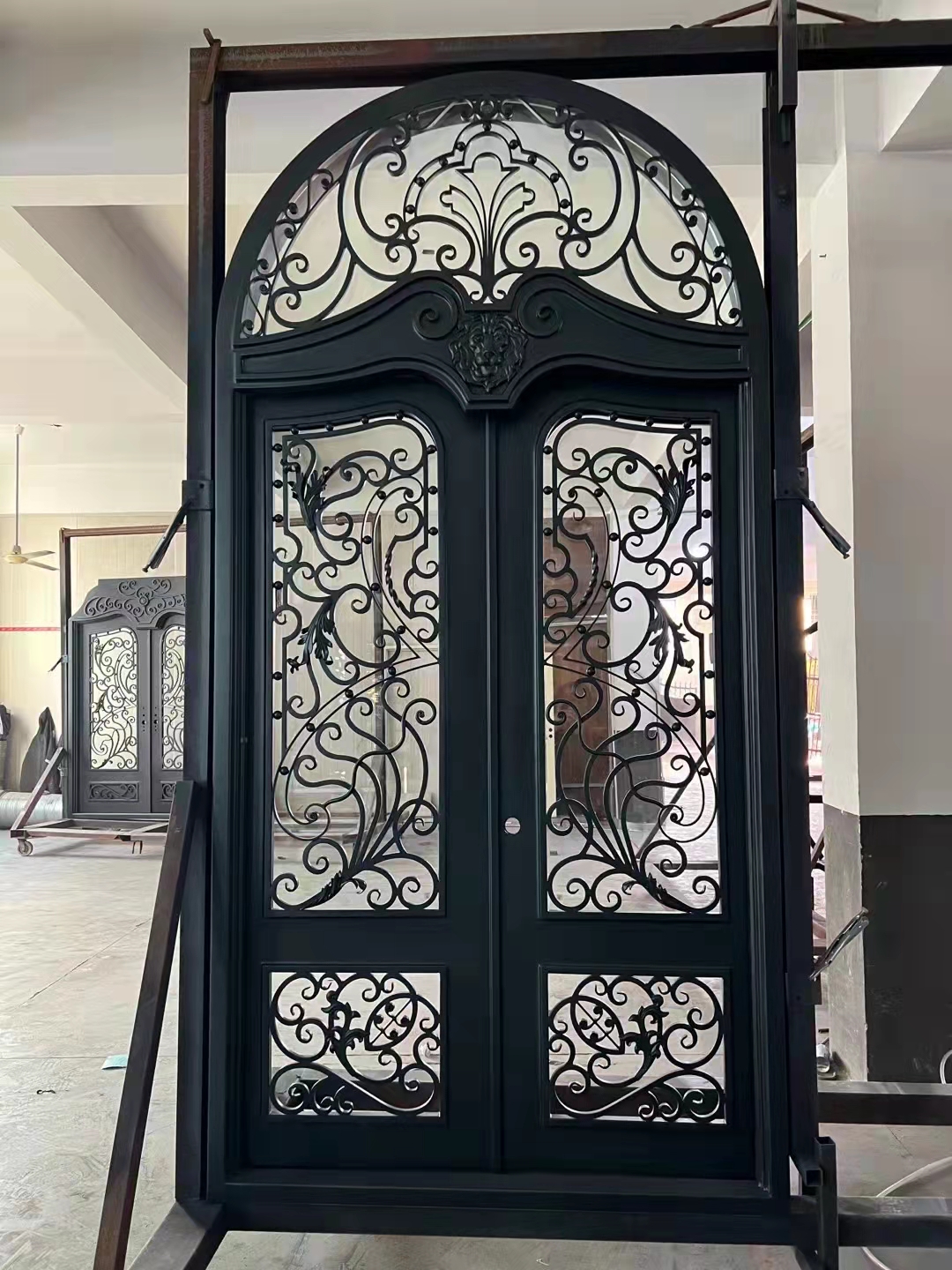 double wrought iron front door with Arc transom in black color,wrought ...