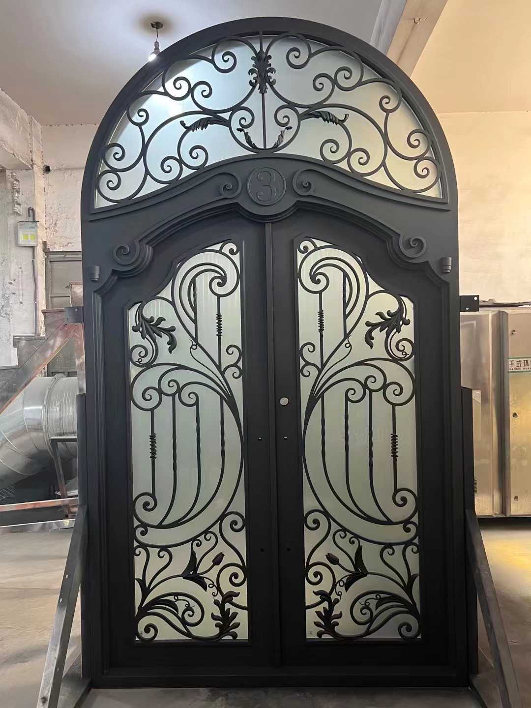 double wrought iron front door with Arc transom in black color,wrought ...