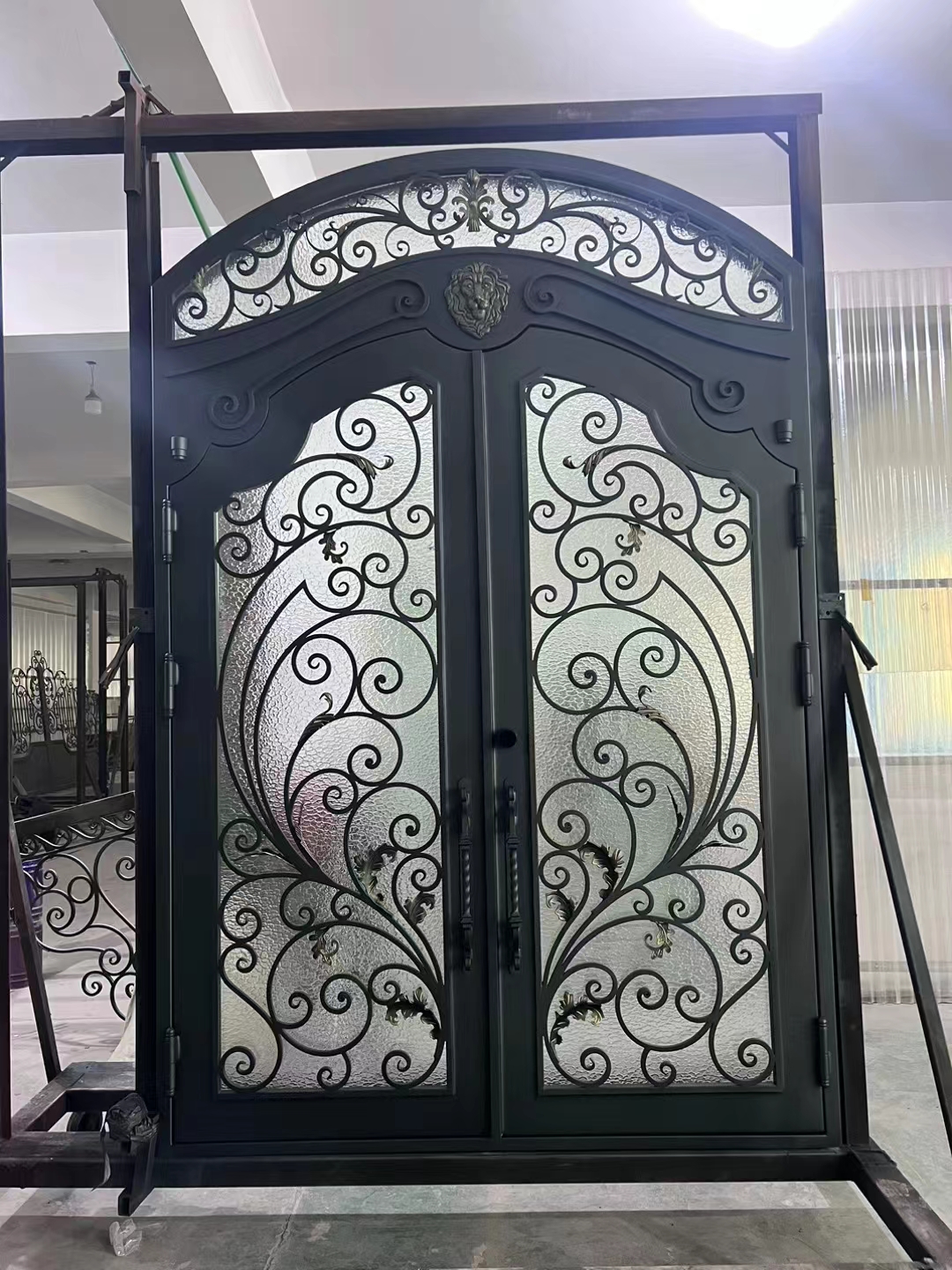 double wrought iron front door with Arc transom in black color,wrought ...