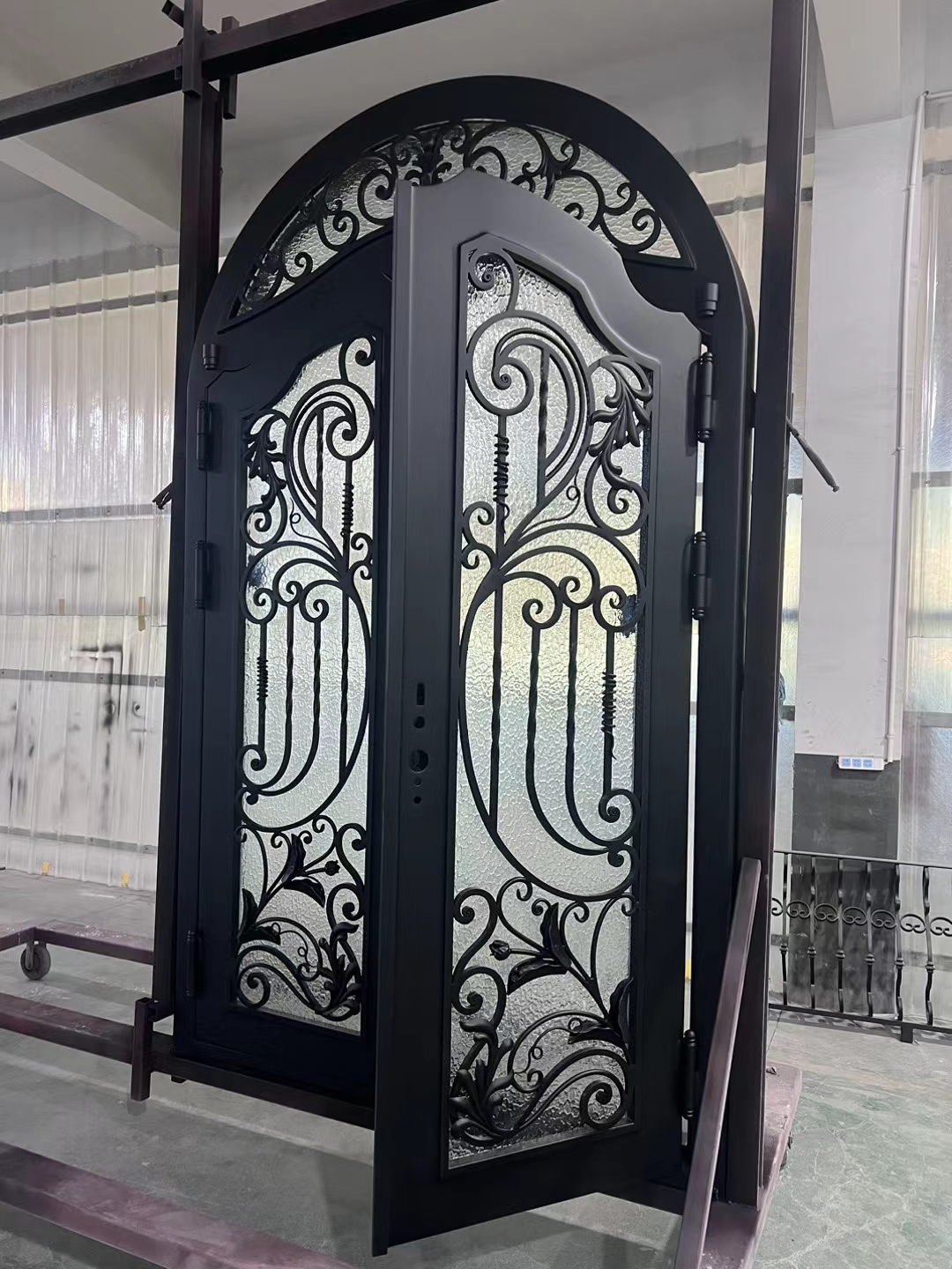 double wrought iron front door with Arc transom in black color,wrought ...
