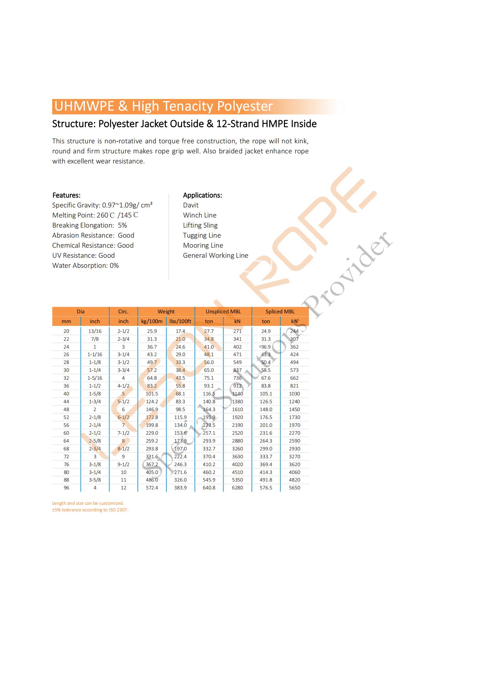 Leson Polyester Jacket cover &12 Strand HMPE core rope.