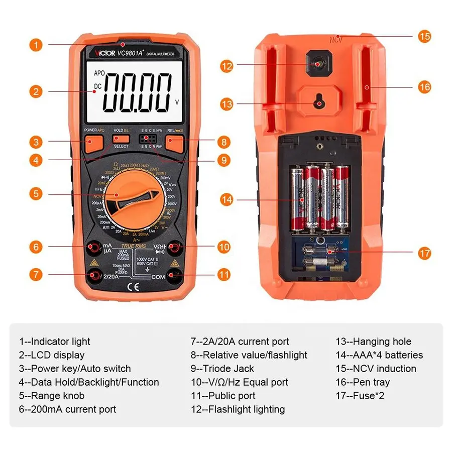 VICTOR 9801A+ 9804A+9806+ 9807A+ 9808+ 980+ Digital Multimeter,15 ...