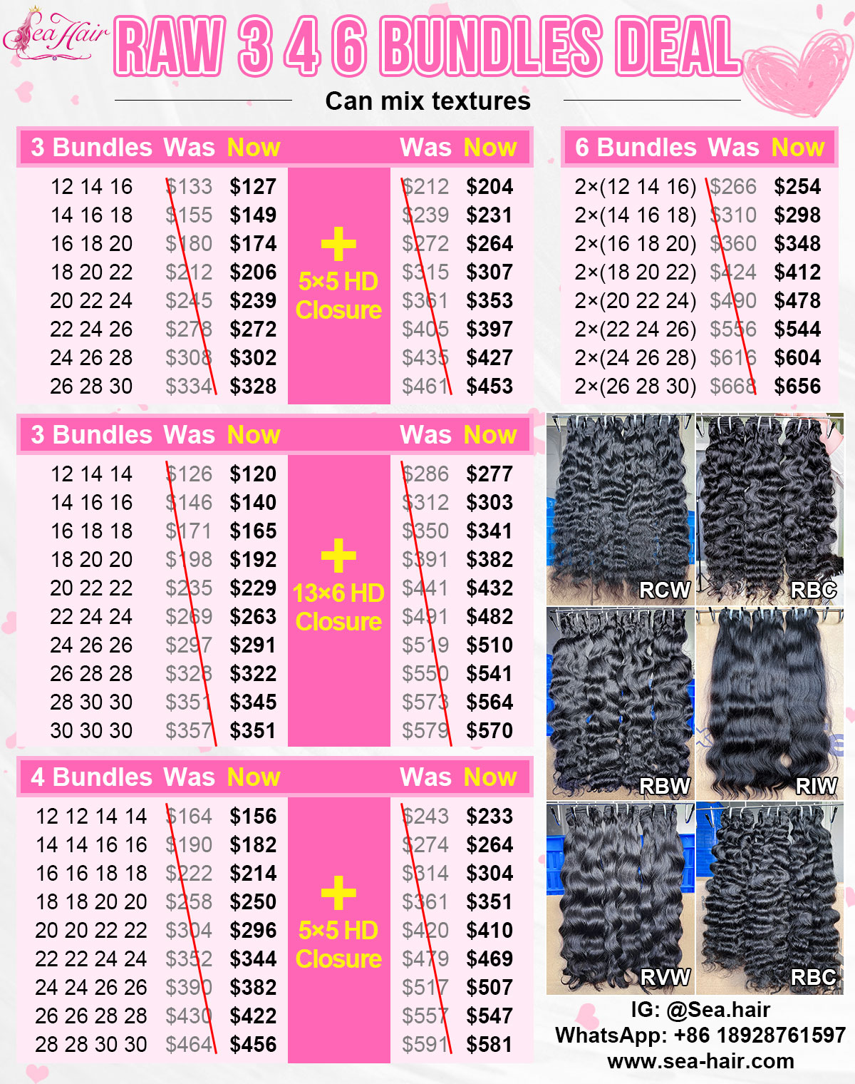 Southeast Asia Raw Hair 10 Bundles Deal Mix Textures
