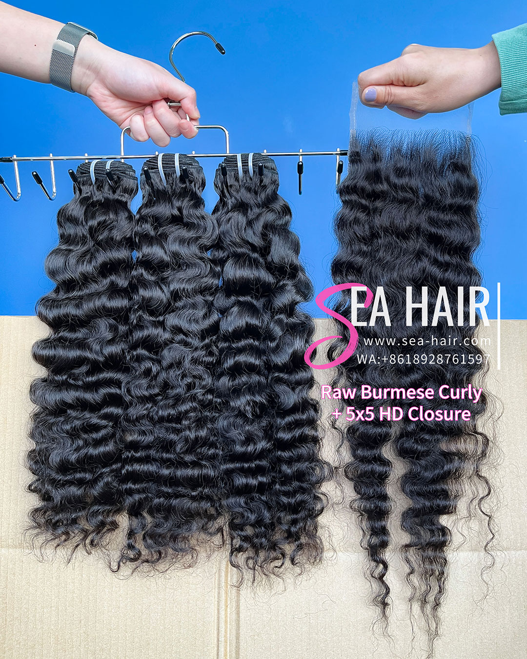 SEA Hair Raw Burmese Curly 3 Bundles with 5x5 Transparent/HD Lace Closure