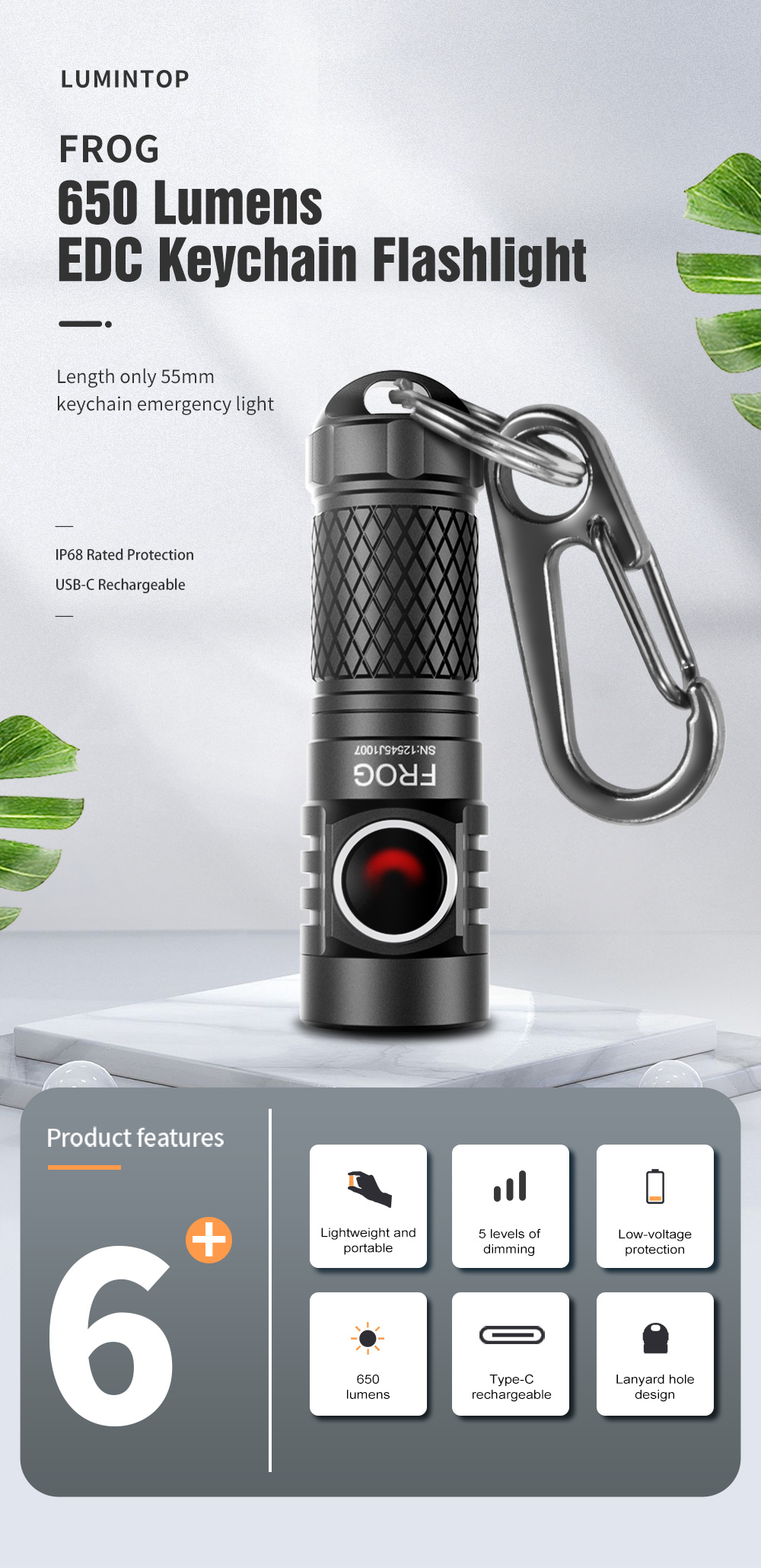 Lumintop Frog 10280 Upgraded 650LM EDC Keychain Flashlight