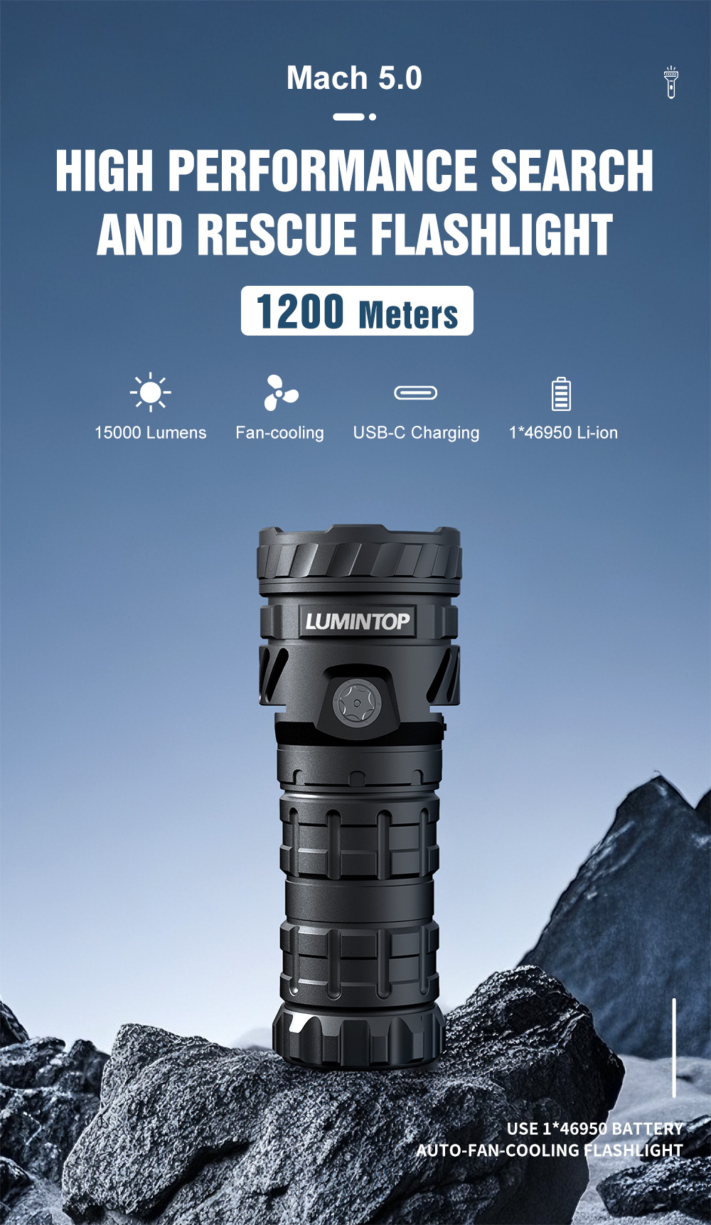 Lumintop MACH 5.0 1200M Long-Range Flashlight 15000LM Fan Cooling 46950 ...