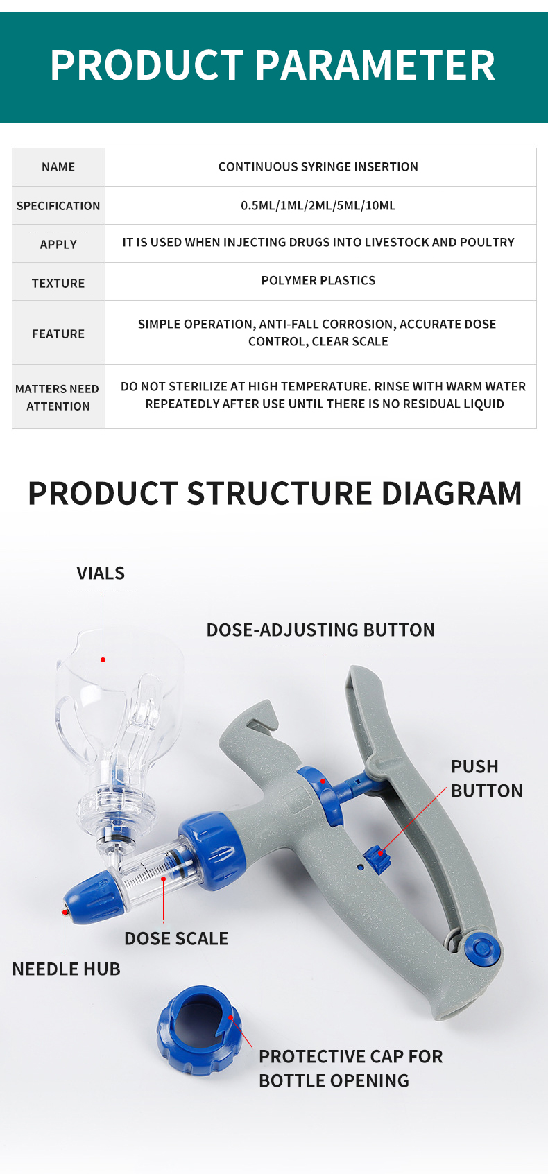 veterinary instrument Continuous syringe for veterinary Medical clinic