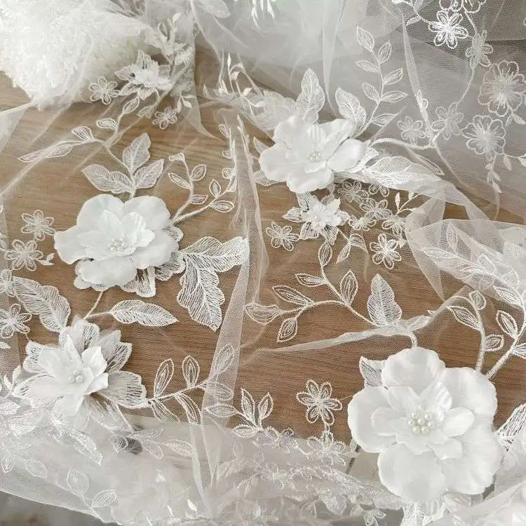 1 Yard Bridal Lace Fabric, 3D Floral Embroidered Wedding Lace Fabric ...