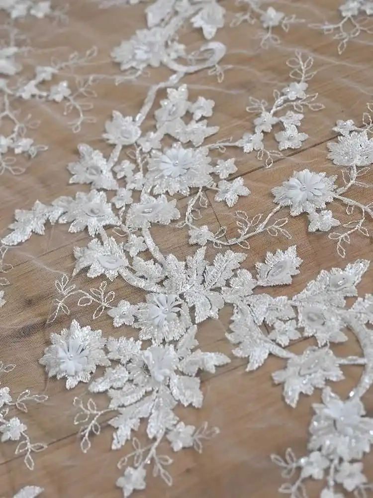 1 Yard Bridal Lace Fabric, 3D Floral Embroidered Sequin Wedding Lace ...