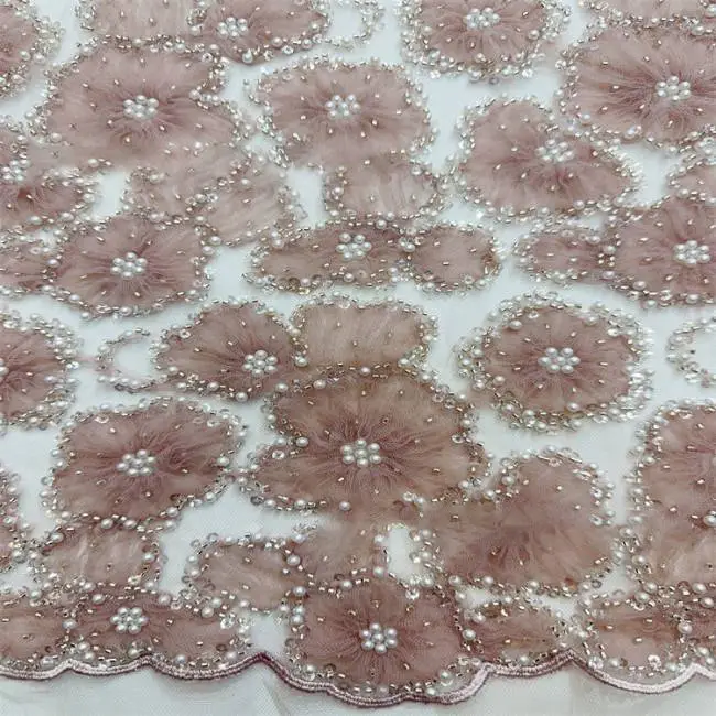 5 Yards Pearls Beaded 3D Floral Lace Material Fabric