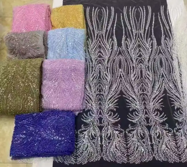5 Yards Beaded Tulle Lace Fabric, Embellished Fabric with Beads ...