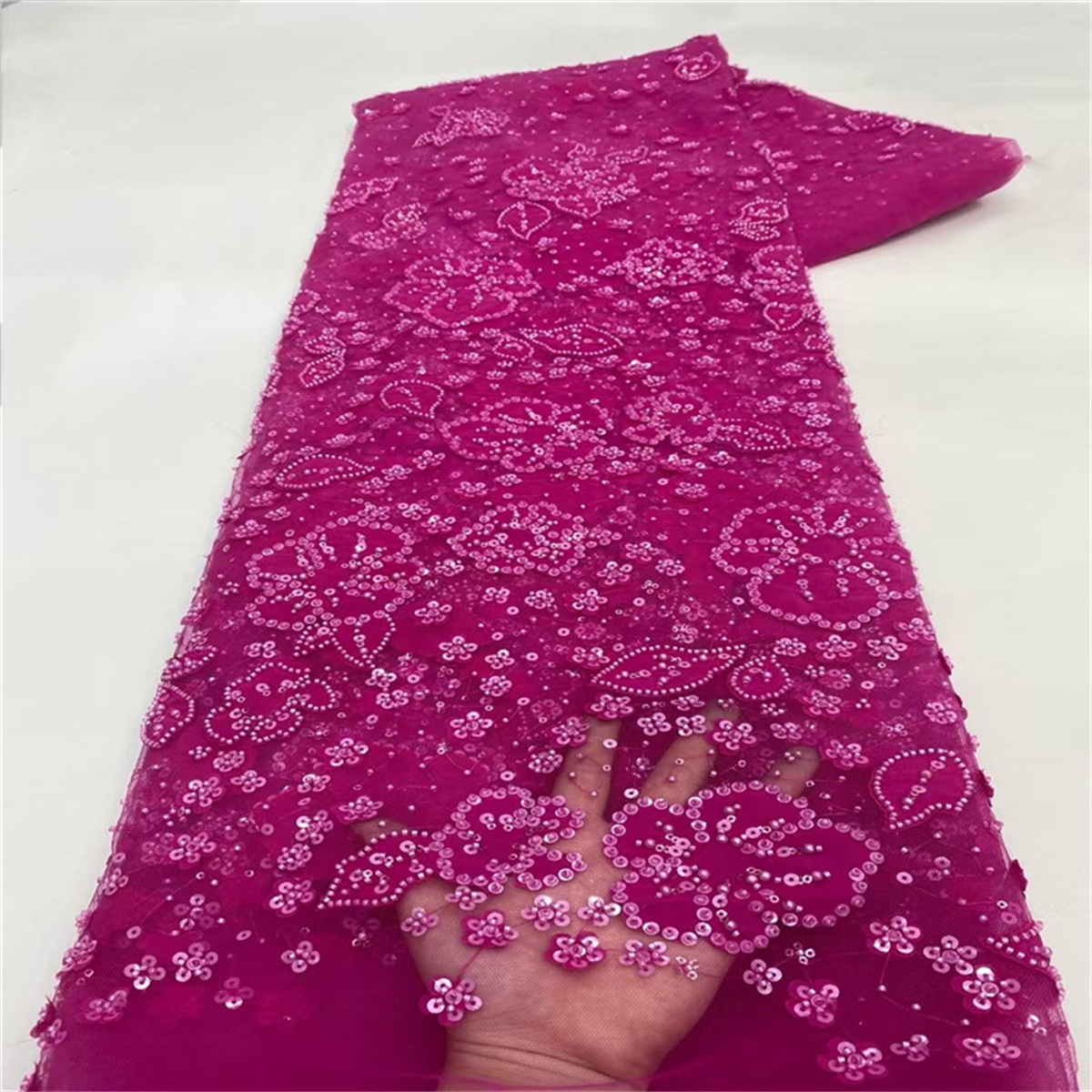 5 Yards 3D Floral Pearl Beaded Lace Fabric ITM ZT135,Beaded Fabrics