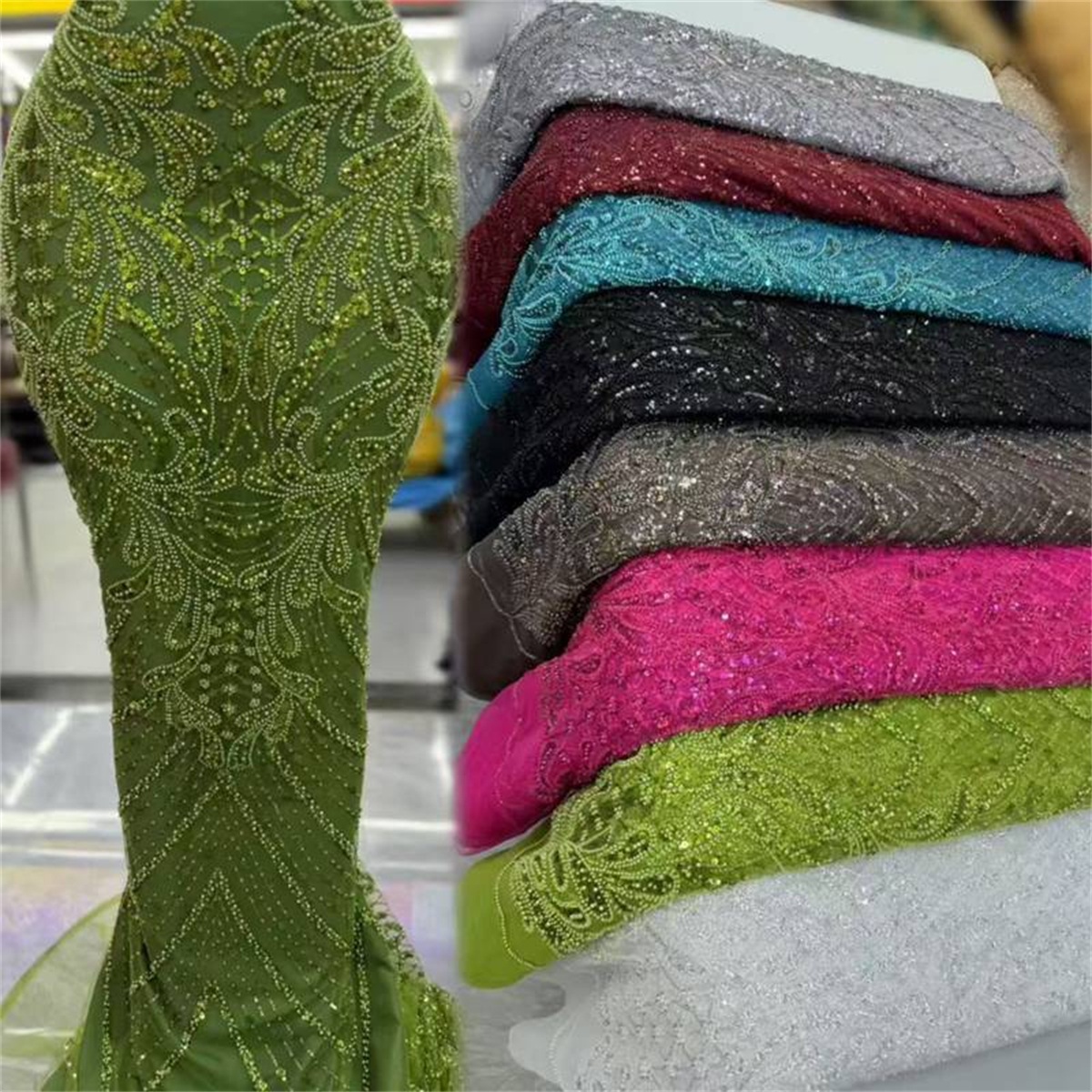 Embellished Beaded Tulle Lace Fabric with Beads,Beaded Fabrics