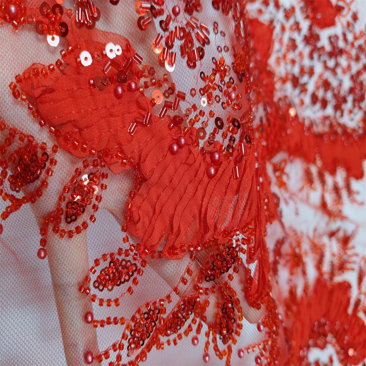 Embellished Beaded 3D Floral Tulle Lace Fabric with Beads | GTIN ZT040,Beaded Fabrics