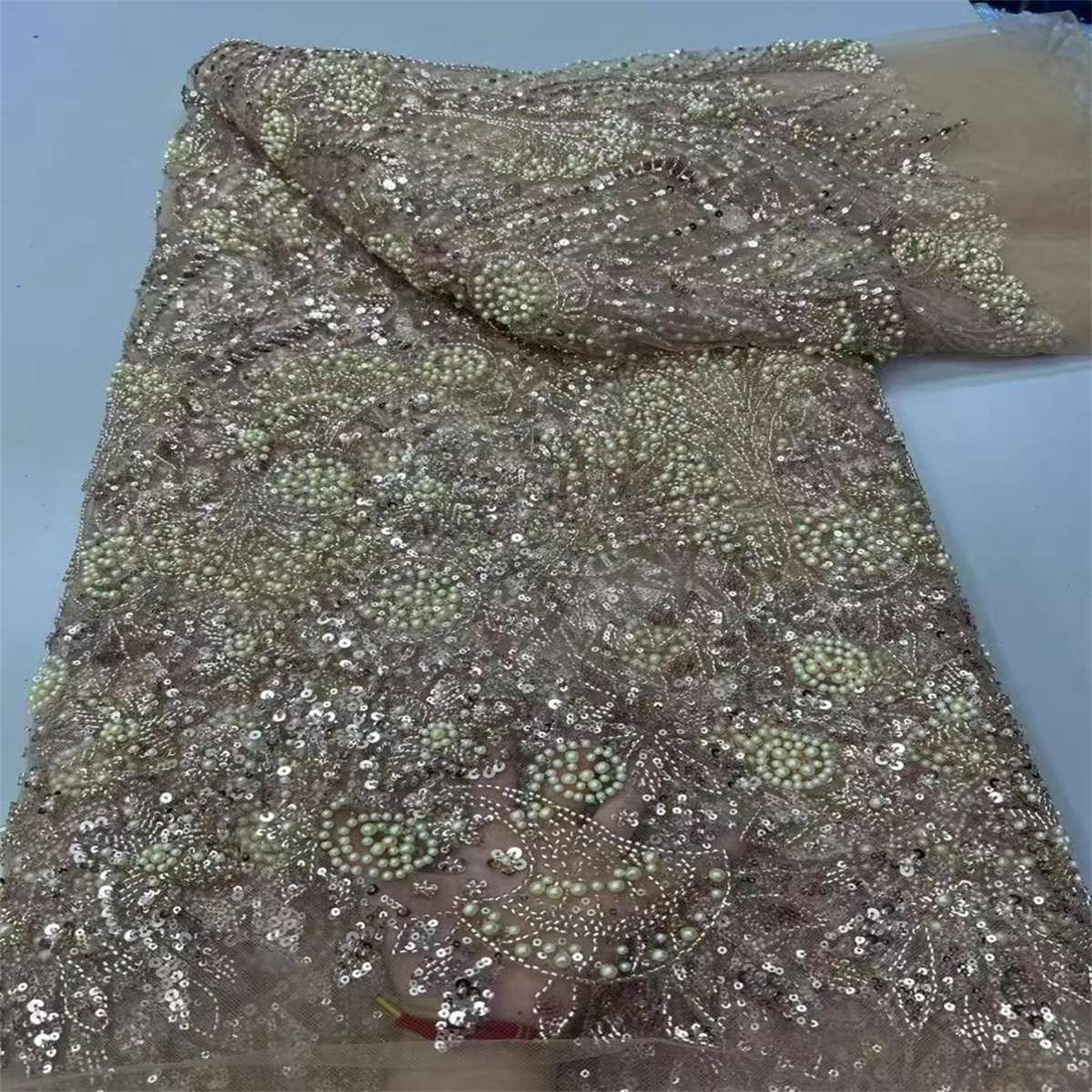 5 Yards Beaded Mesh Fabric, Beaded Tulle Lace Fabric, Embellished with ...