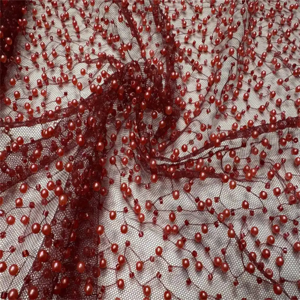 5 Yards Beaded Mesh Fabric, Beaded Tulle Lace Fabric, Embellished with Beads, Pearls, ITM TDD411 ...