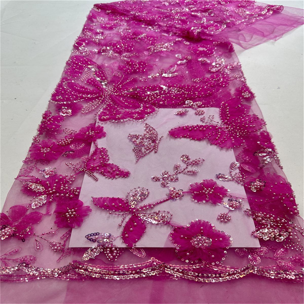 Beaded Tulle 3D Floral Fabric - 5 Yards | COD HB047,Beaded Fabrics