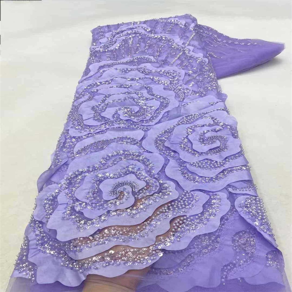 5 Yards 3D Floral Fabric, Beaded Tulle Lace Fabric, Embellished with ...