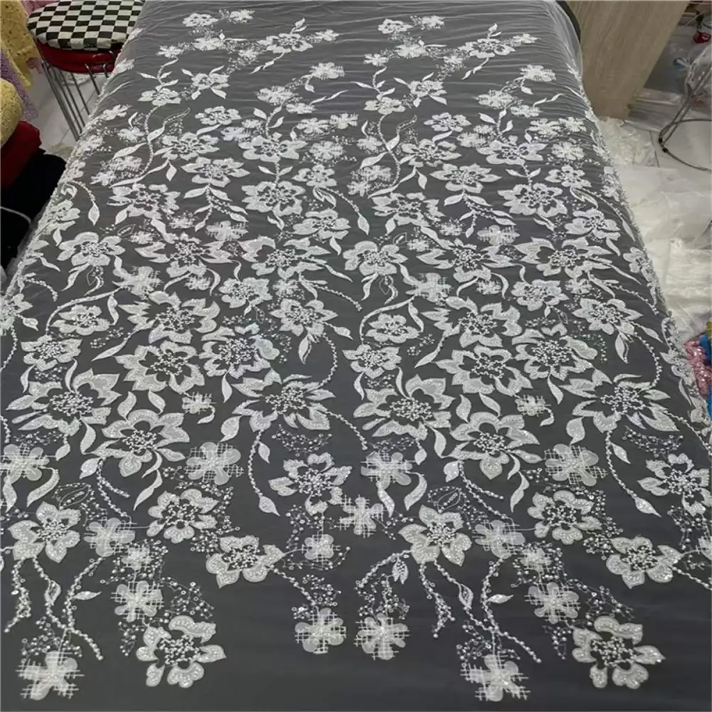 5 Yards Bridal Lace Fabric, 3D Floral Beaded Wedding Lace Fabric Fabric ...