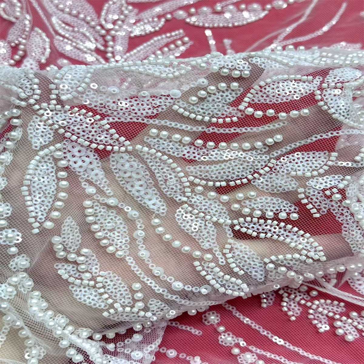 5 Yards Beaded Mesh Fabric, Beaded Tulle Lace Fabric, Embellished with ...