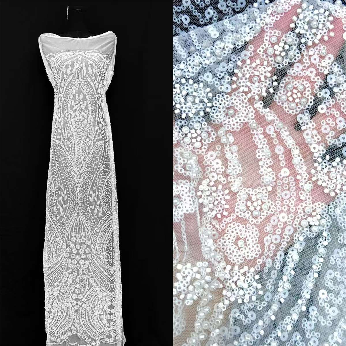 5 Yards Beaded Mesh Fabric, Beaded Tulle Lace Fabric, Embellished ...