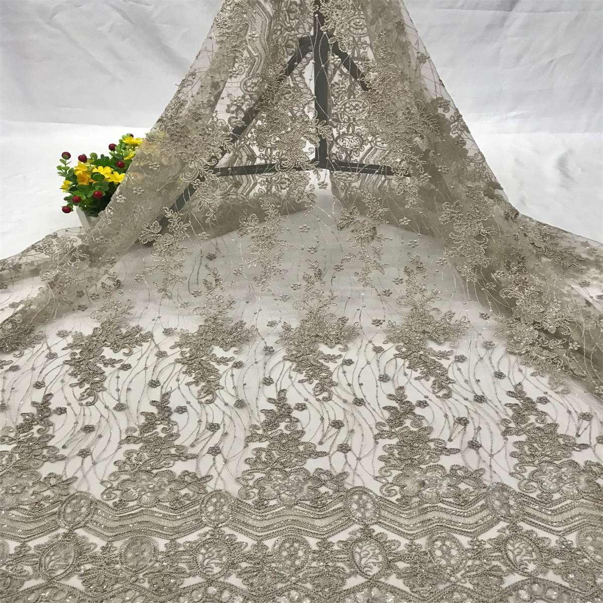 1 Yard Embroidered Sequin Lace Fabric, ITM DX006,Embroidered Fabrics