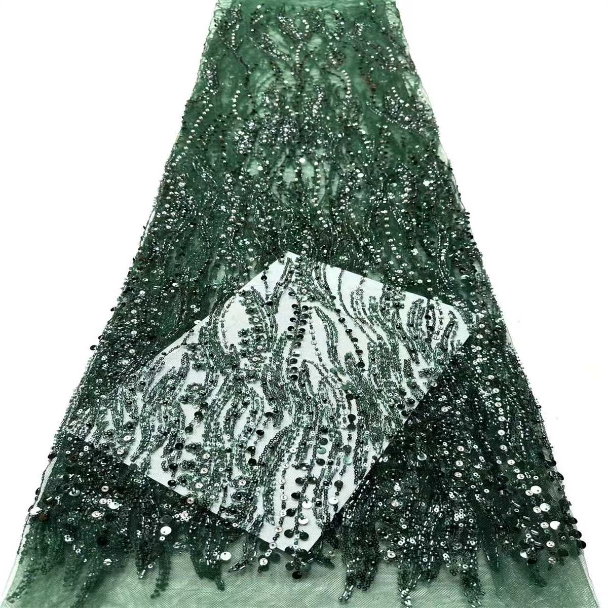 Embellished Beaded Tulle Lace Fabric with Beads, Rhinestones | GTIN HN369