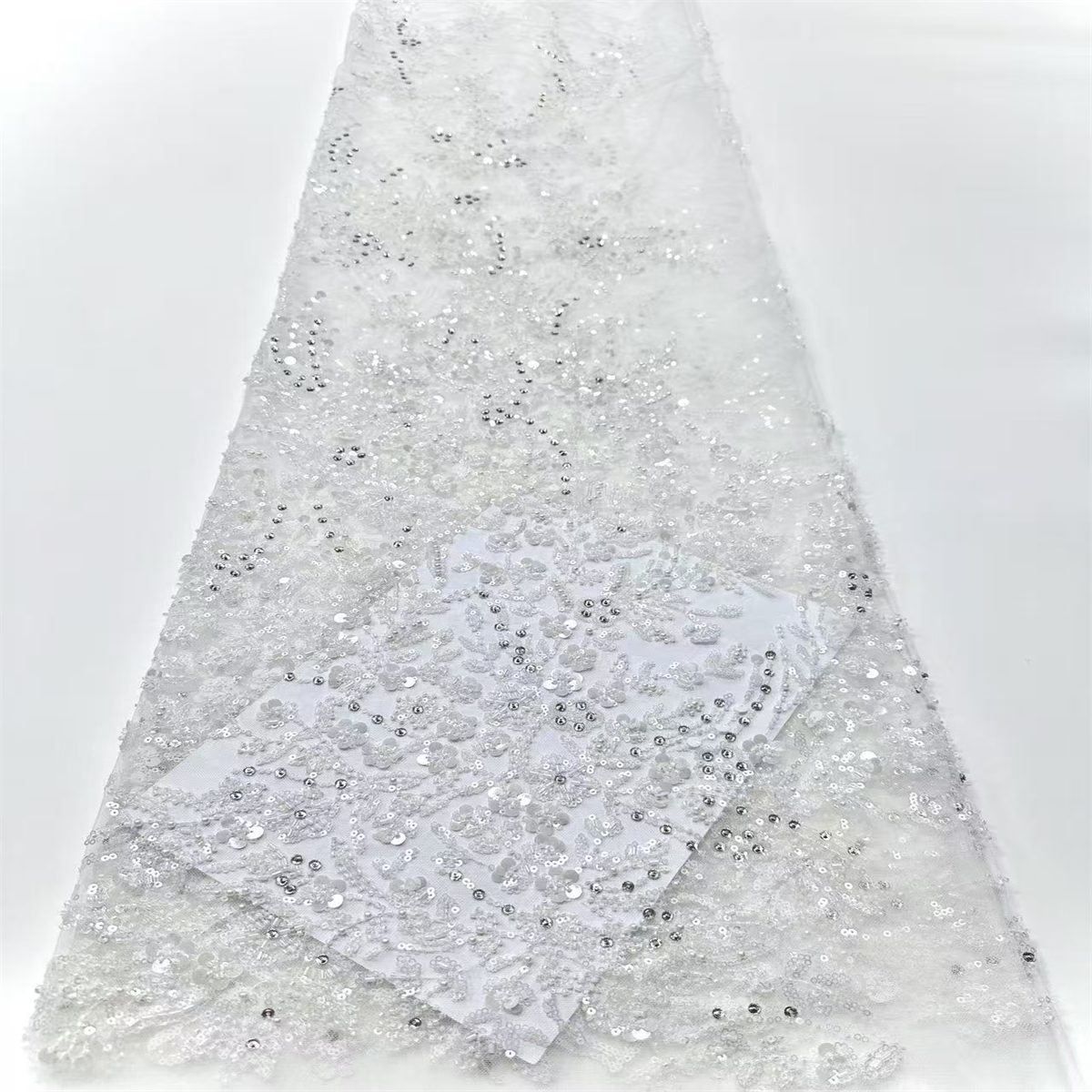 Embellished Beaded Tulle Lace Fabric with Beads, Rhinestones | GTIN HN375