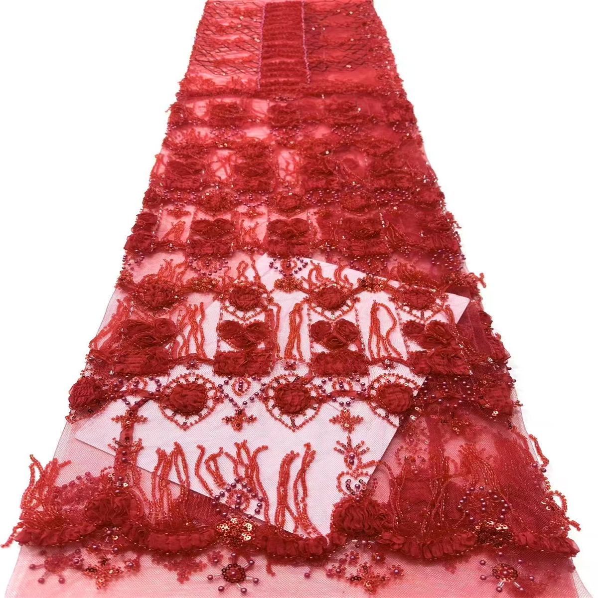 Embellished Beaded Tassel Fringe 3D Floral Tulle Lace Fabric with Beads | GTIN HN379