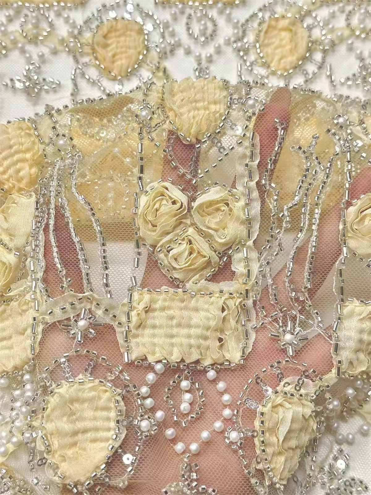 Embellished Beaded Tassel Fringe 3D Floral Tulle Lace Fabric with Beads | GTIN HN379