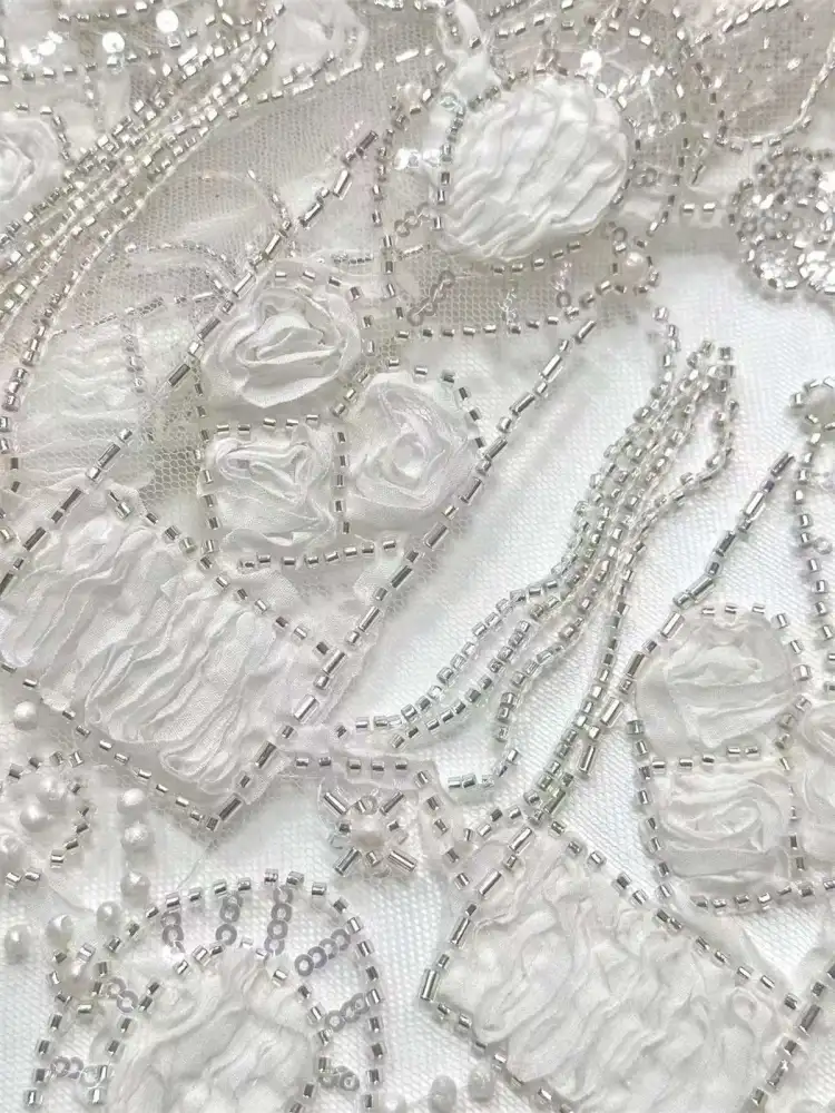 Embellished Beaded Tassel Fringe 3D Floral Tulle Lace Fabric with Beads ...