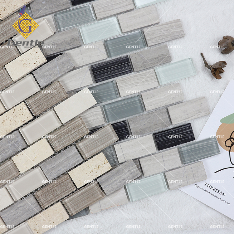 Rectangular travertine wood grain beige concave-convex crystal mosaic ...