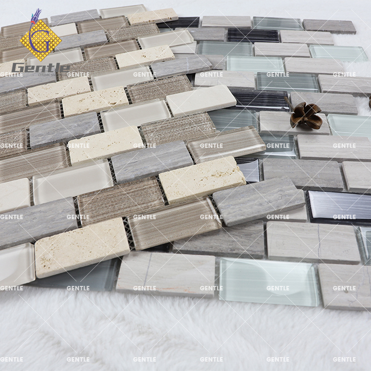 Rectangular travertine wood grain beige concave-convex crystal mosaic ...