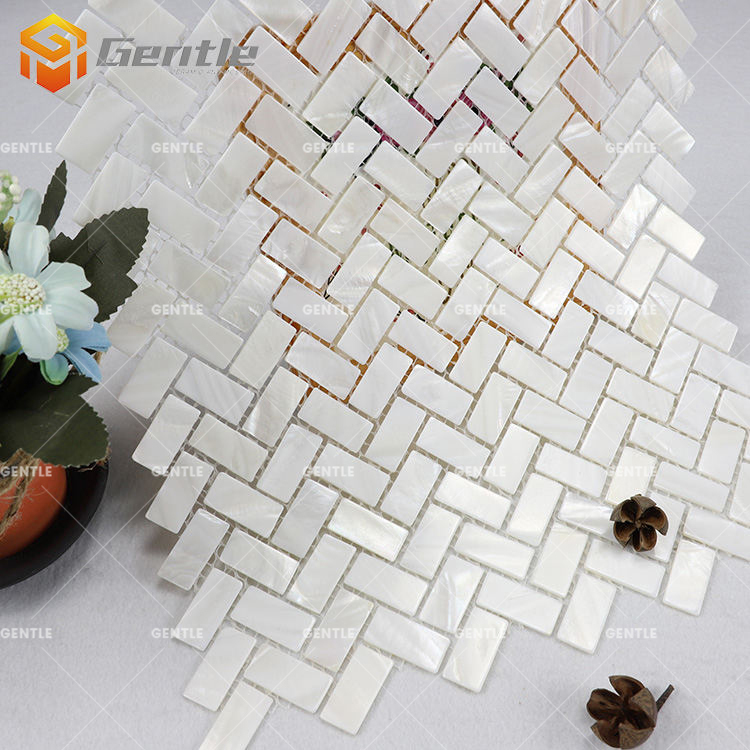 White Herringbone Natural Shell Mosaic Tiles