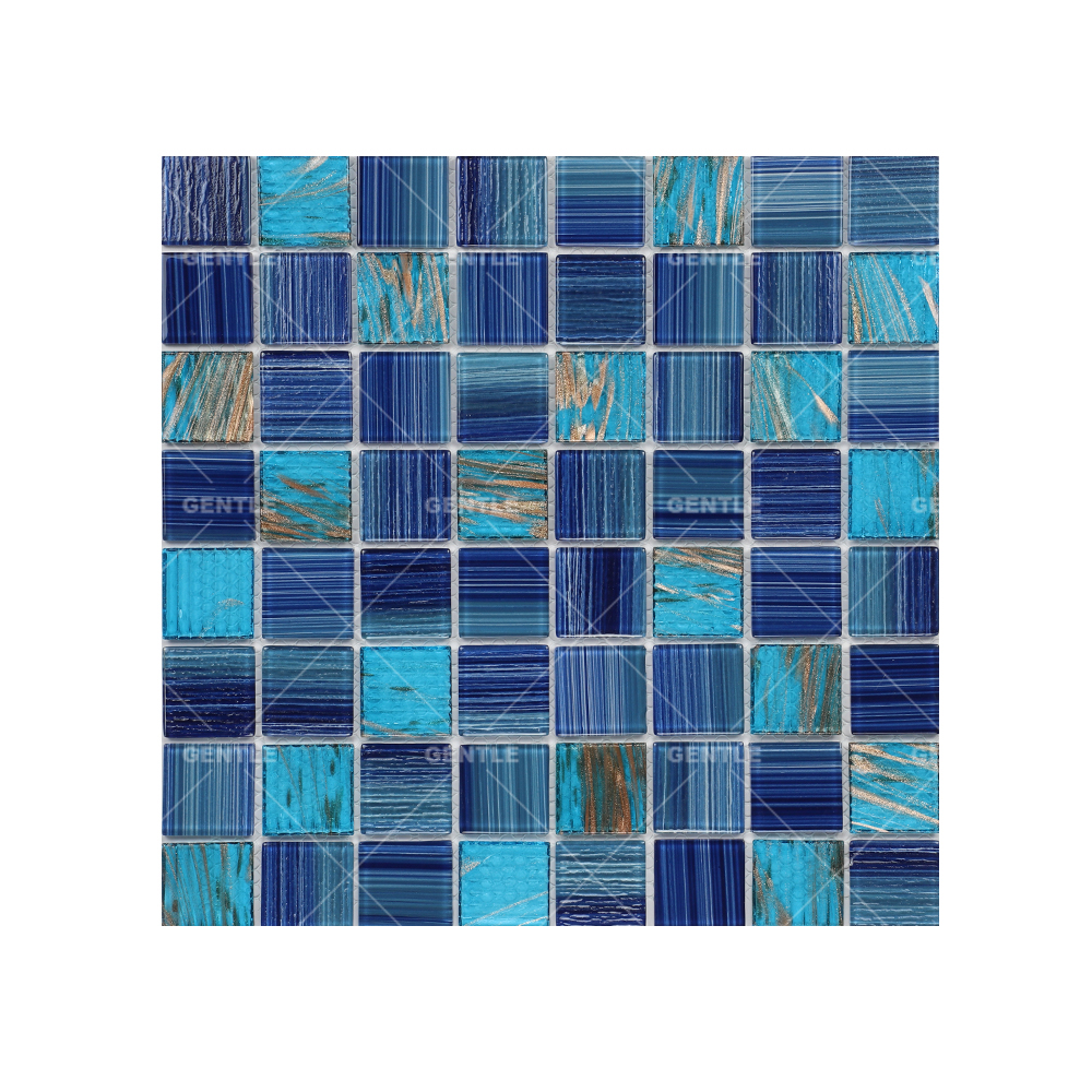 Wholesale Square Blue Hot-melt Glass Mosaic Tiles With Gold Thread Texture