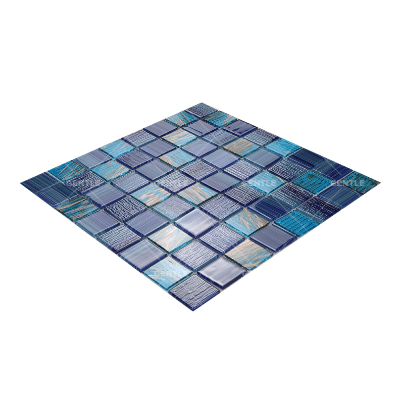 Wholesale Square Blue Hot-melt Glass Mosaic Tiles With Gold Thread Texture