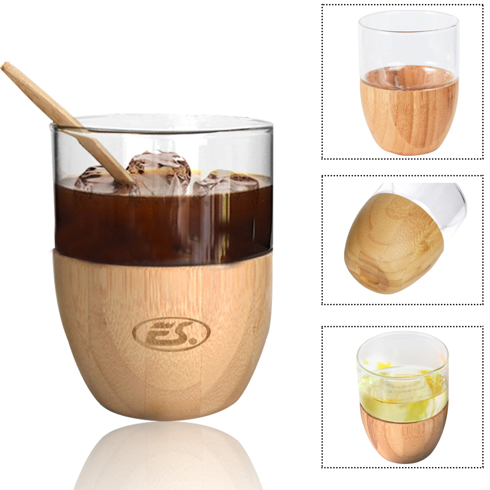 Double Walled Transparent Glass Mug with Bamboo Bottom,Drinkware