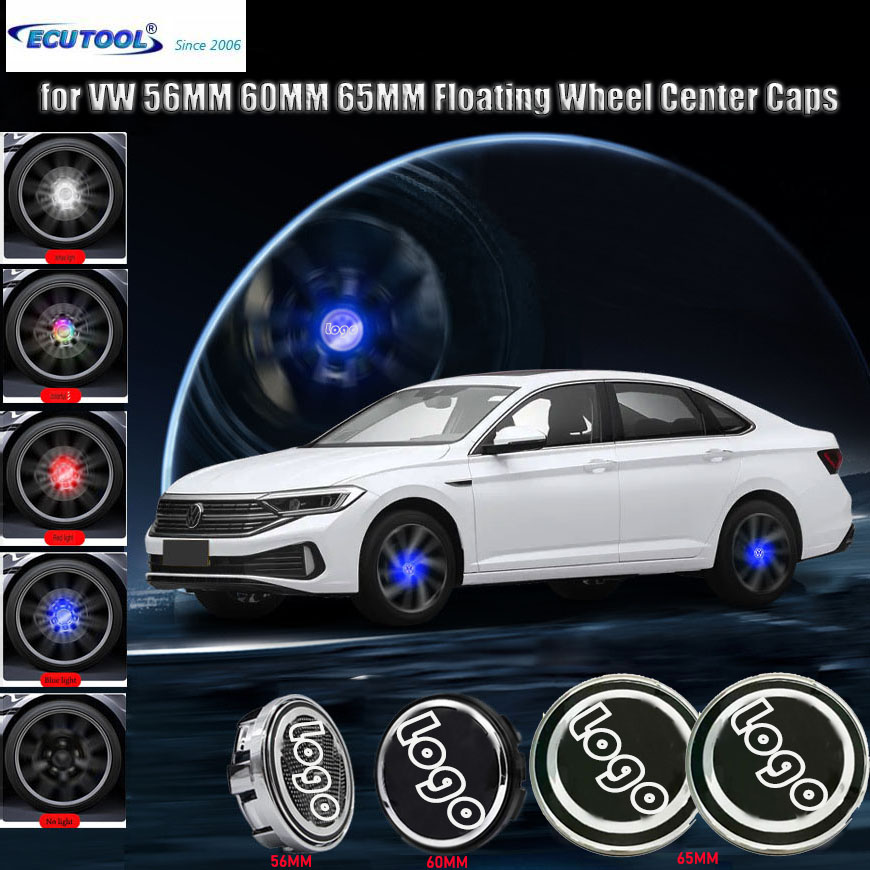 56mm 65mm Blue Light Led Floating VW Wheel Hubcaps Center Cap Logo for ...